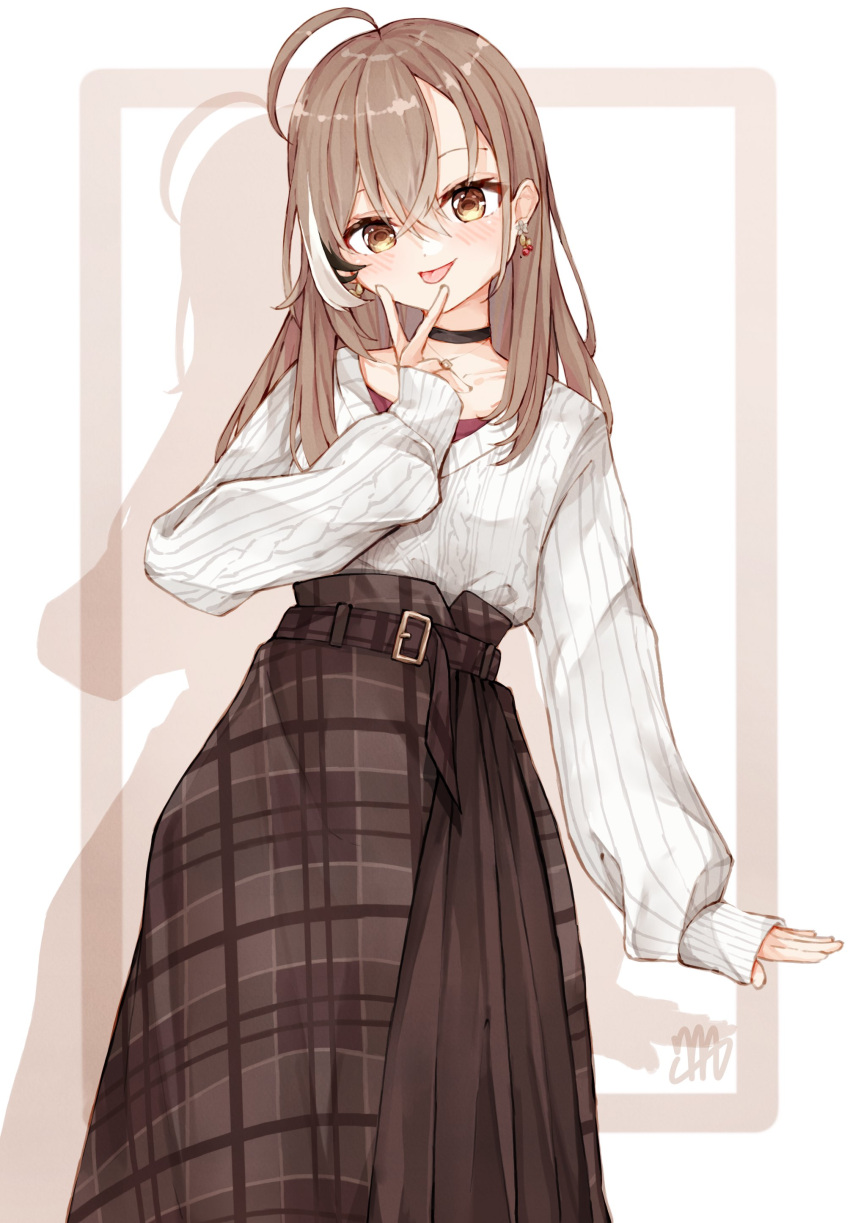 Safebooru - 1girl absurdres ahoge belt berry black choker brown eyes brown hair brown skirt ...