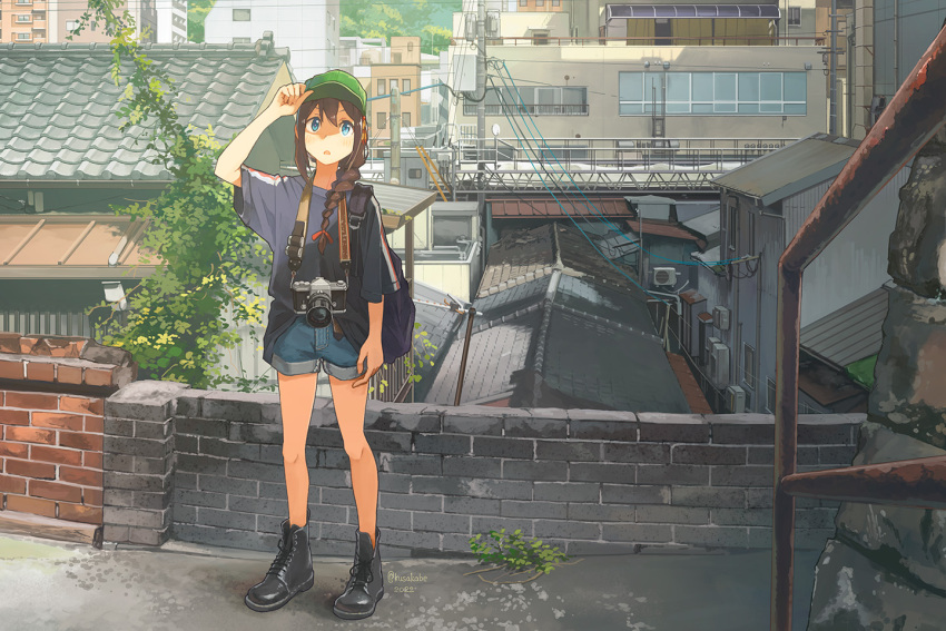 Safebooru - 1girl black footwear black shirt blue eyes blue shorts blush boots braid brown hair ...