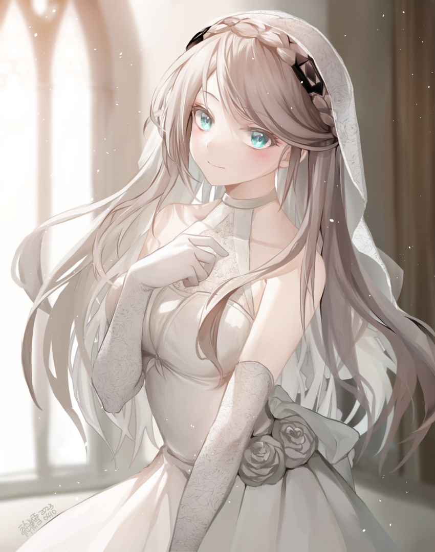 Safebooru - 1girl blue eyes braid bridal veil brown hair crown braid dress eiyuu densetsu elaine ...