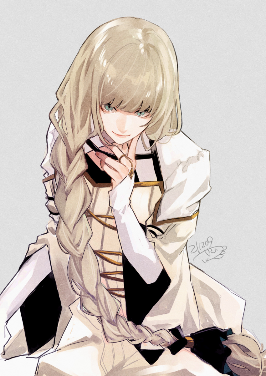 Safebooru - 1boy androgynous bishounen blonde hair blue eyes braid closed mouth coat grey ...