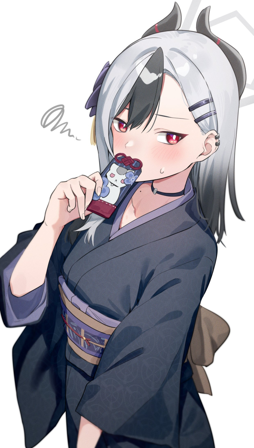 Safebooru - 1girl black choker black hair black horns black kimono blue archive blush choker ...