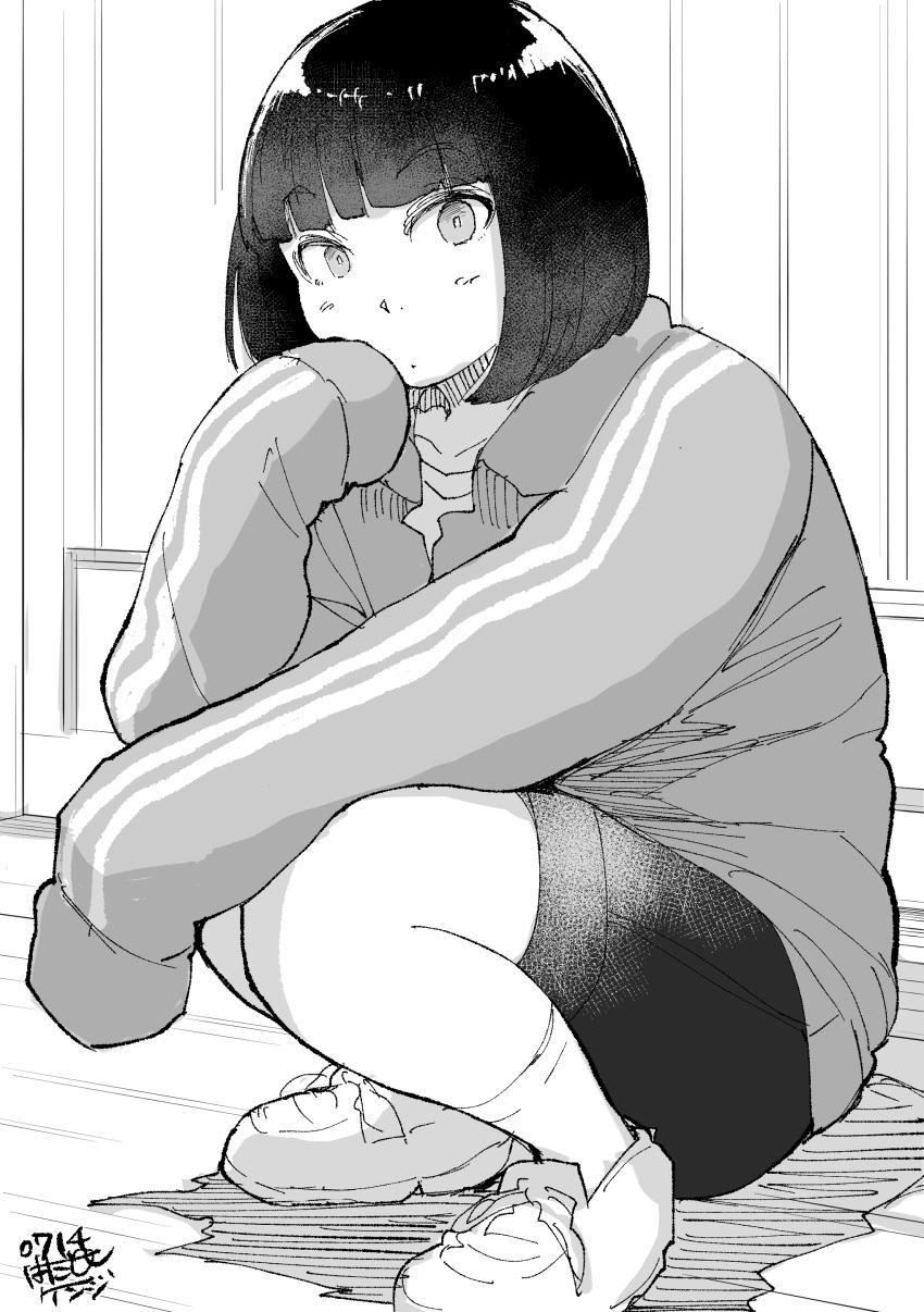 Safebooru - 1girl absurdres black footwear blunt bangs bob cut dated full body greyscale hadashi ...