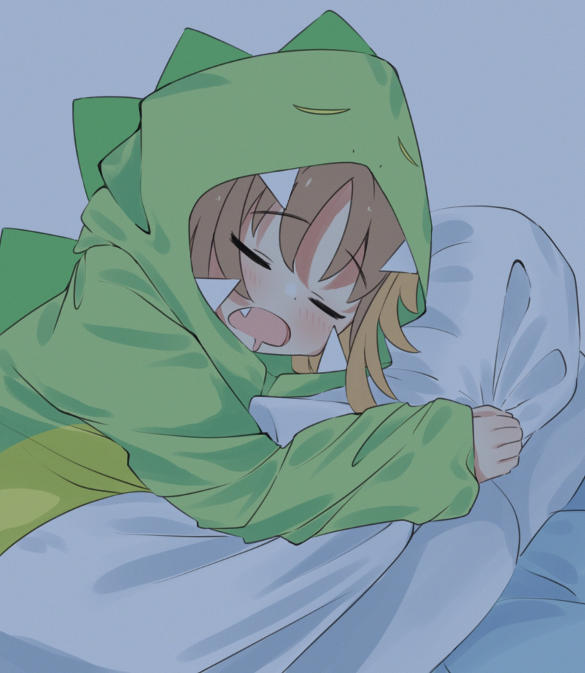 Safebooru - 1girl brown hair closed eyes commentary dinosaur costume ...