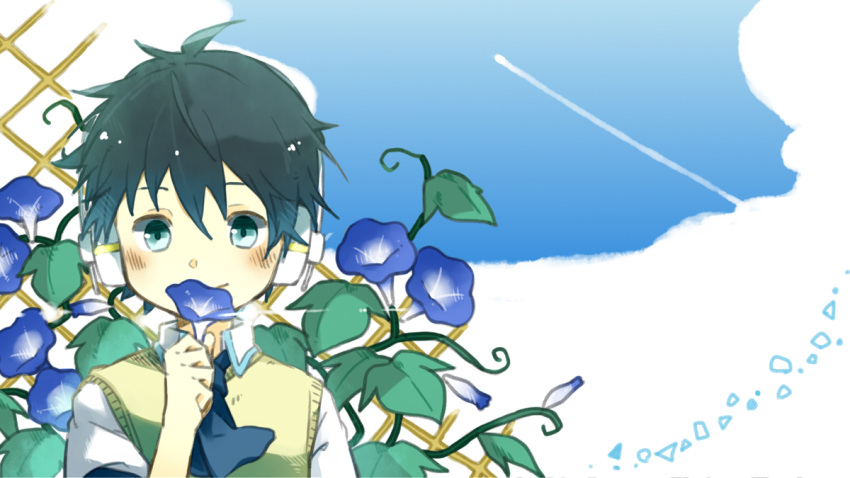 Safebooru - 1boy black hair blue eyes blue flower blue necktie blue sky ...