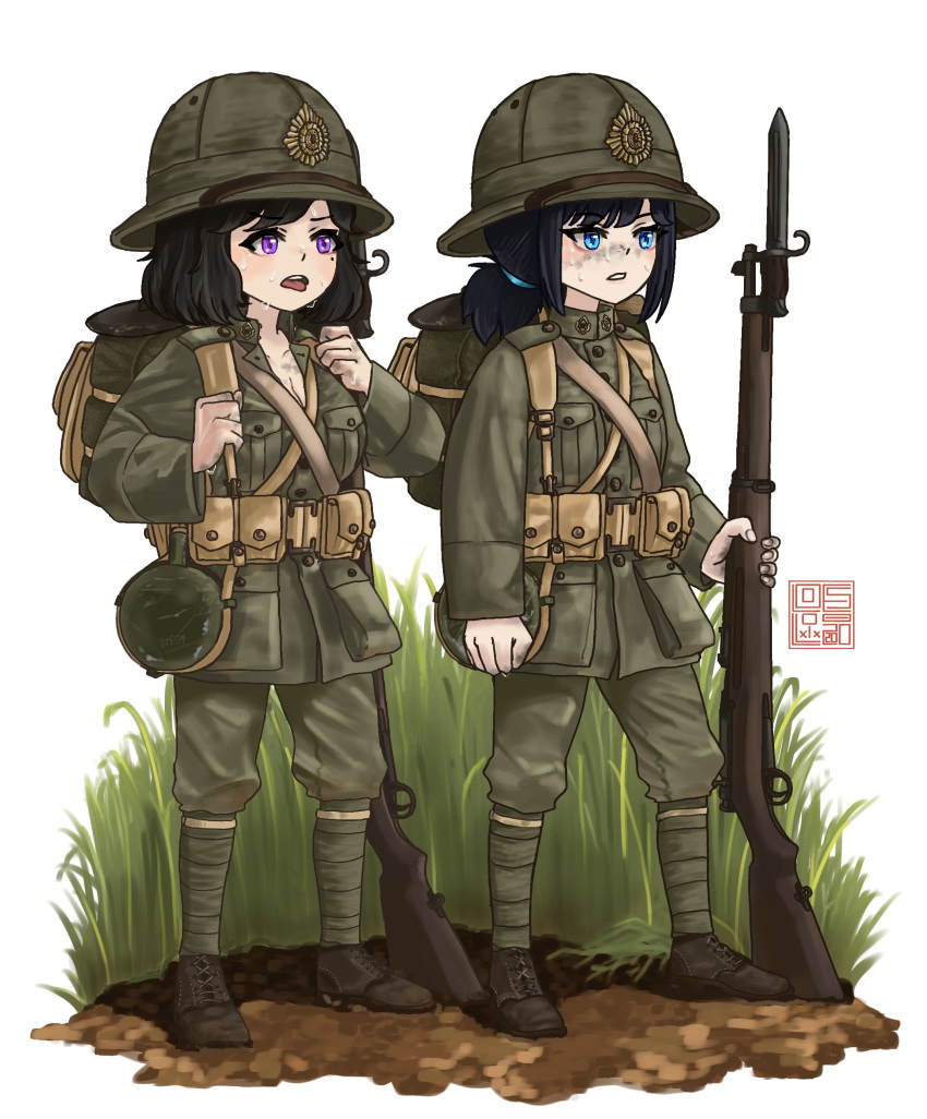 Safebooru - 2girls absurdres arisaka backpack bag bayonet black hair ...