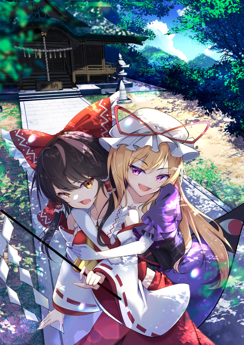 Safebooru - 2girls absurdres blonde hair blue sky bow brown hair detached sleeves dress hair bow ...