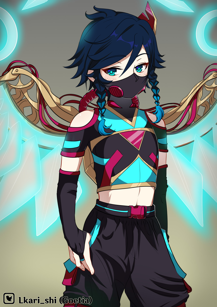 Safebooru - 1boy absurdres alternate costume aqua eyes black hair black pants black sleeves blue ...