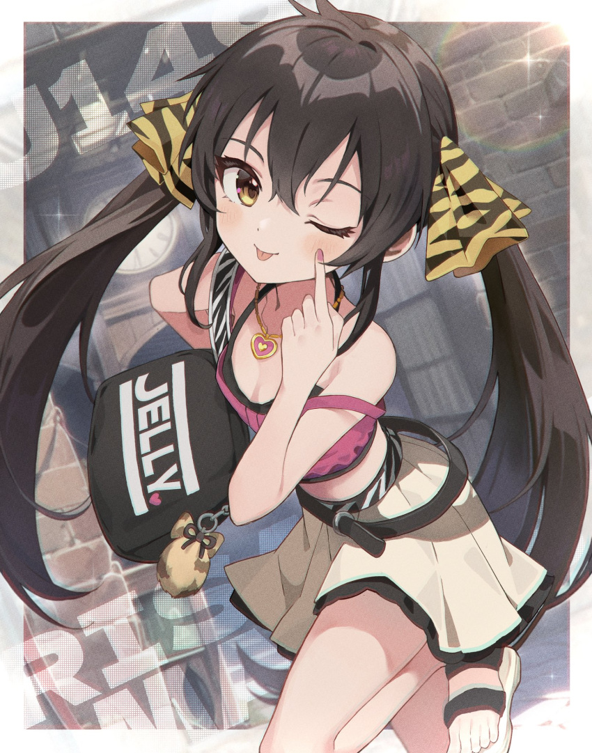 Safebooru - 1girl :p bag belt black hair breasts brown eyes camisole feet finger to cheek ...