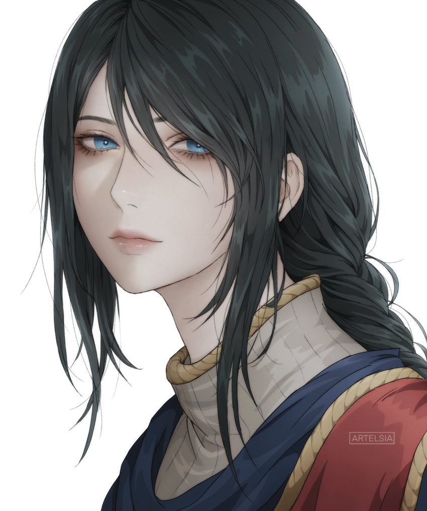 Safebooru - 1girl artelsia black hair blue eyes blue robe braid close ...