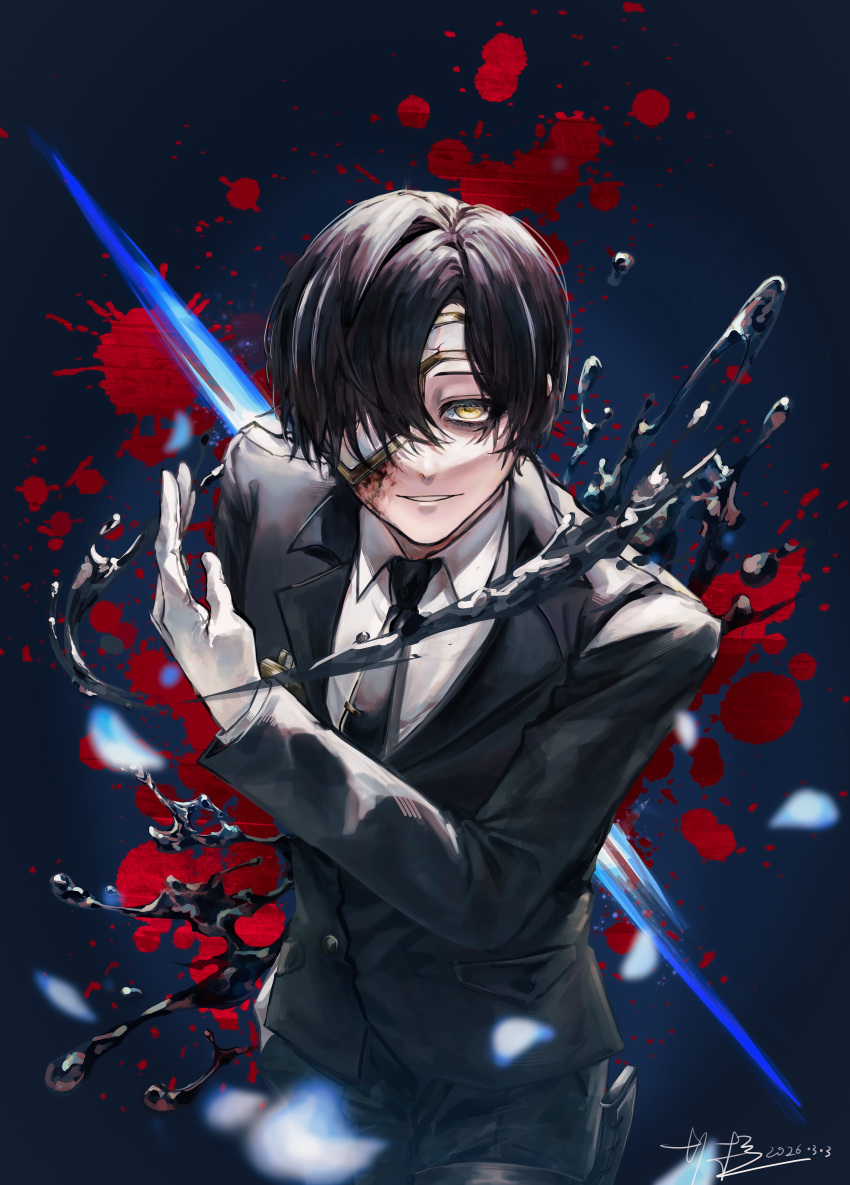 Safebooru - 1boy absurdres bags under eyes black background black hair ...