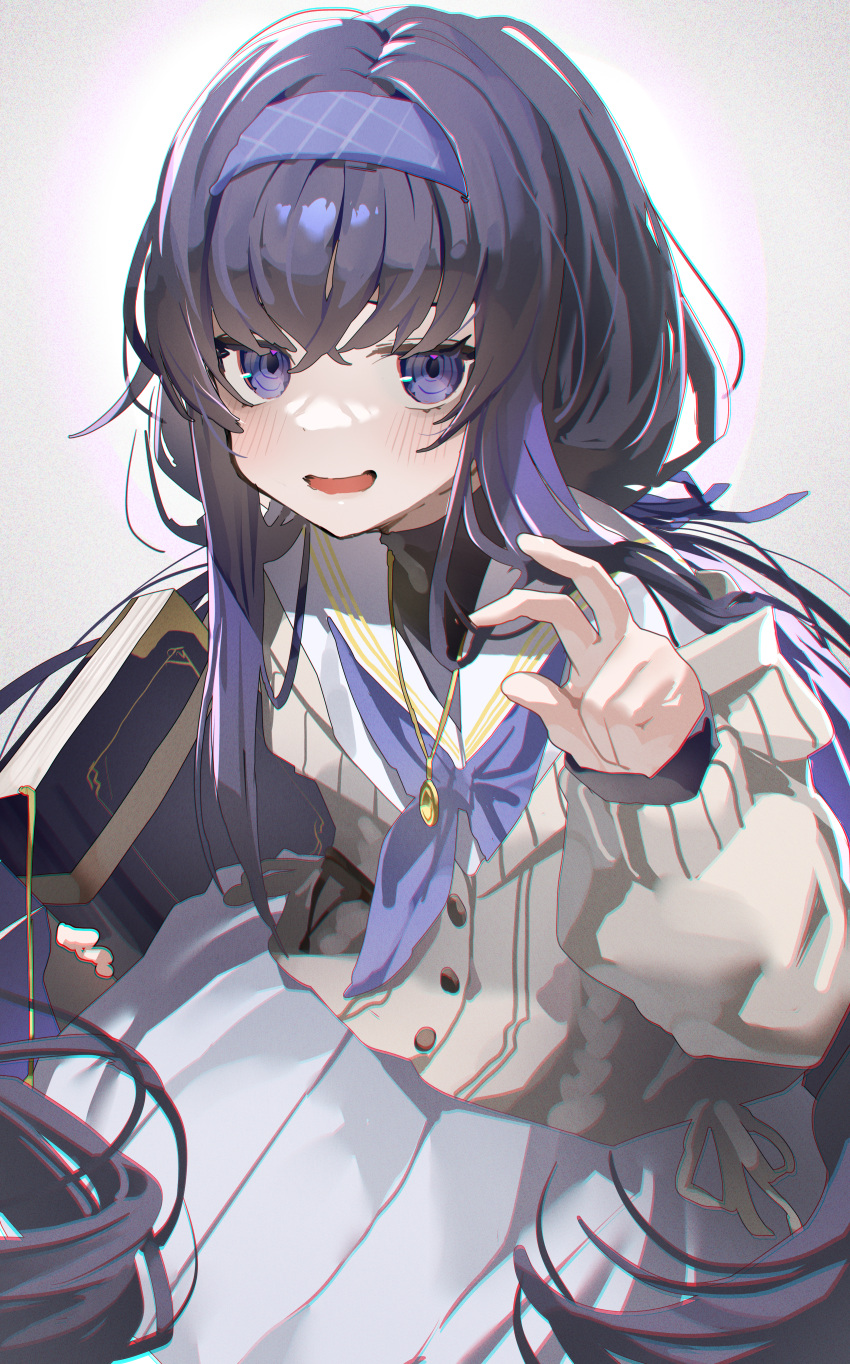 Safebooru - 1girl absurdres black hair blue archive blue eyes blue hairband blush brown cardigan ...