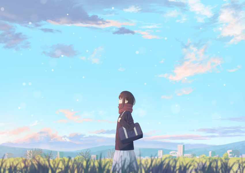 Safebooru 1girl Bag Black Hair Black Jacket Blazer Blue Sky Building 5864
