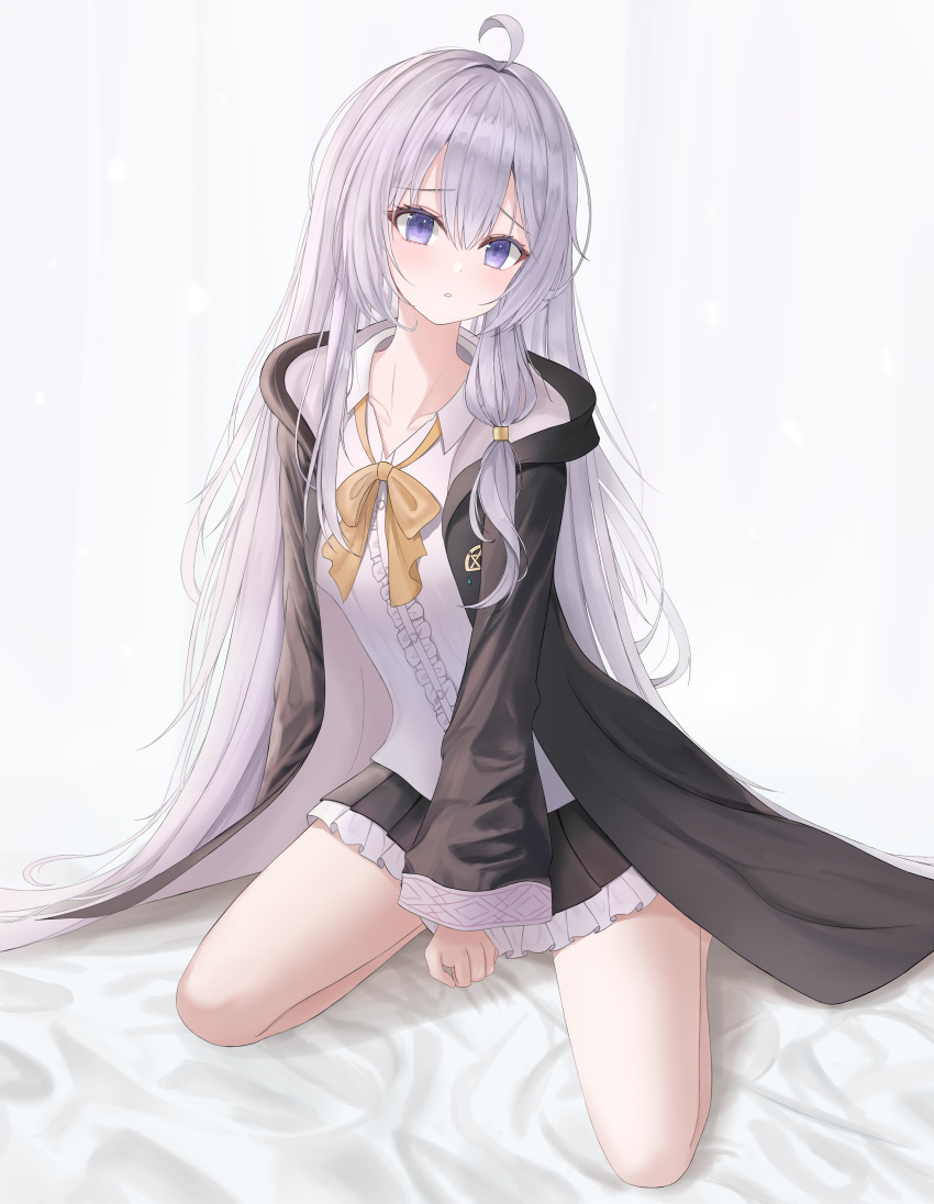 Safebooru - 1girl absurdres ahoge arm support bare legs bed sheet black cloak black skirt blue ...