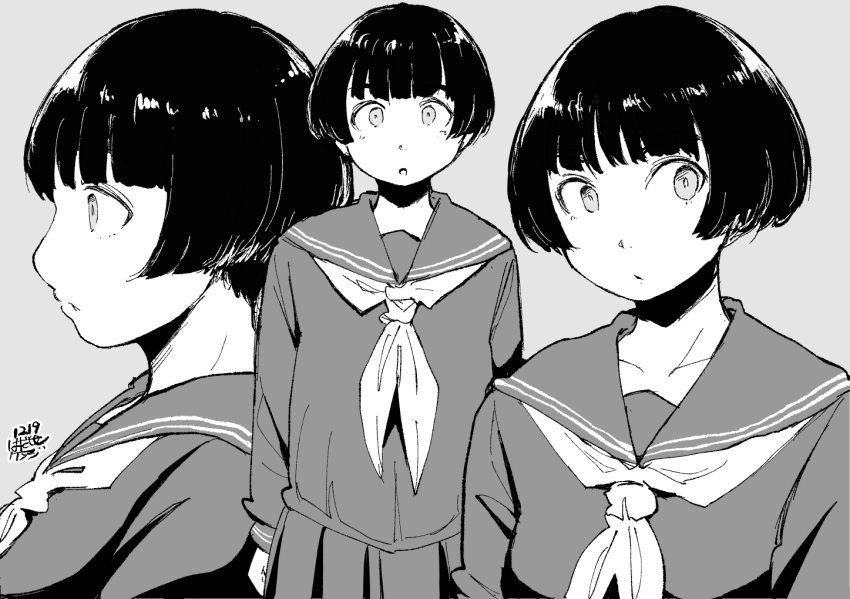 Safebooru 1girl O Black Hair Blunt Bangs Bob Cut Dated Grey 8734