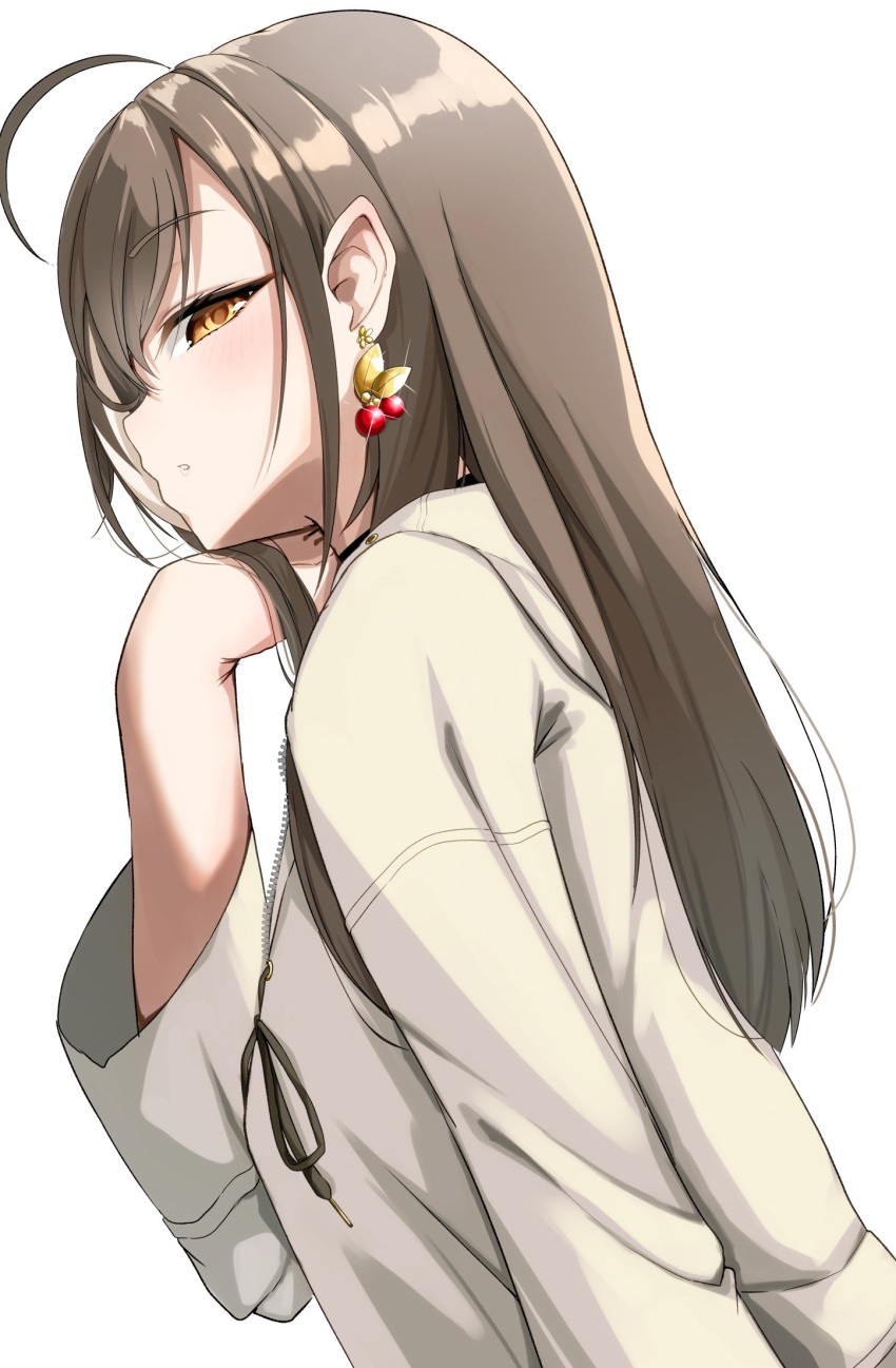 Safebooru - 1girl ahoge berry black choker brown eyes brown hair choker earrings food-themed ...