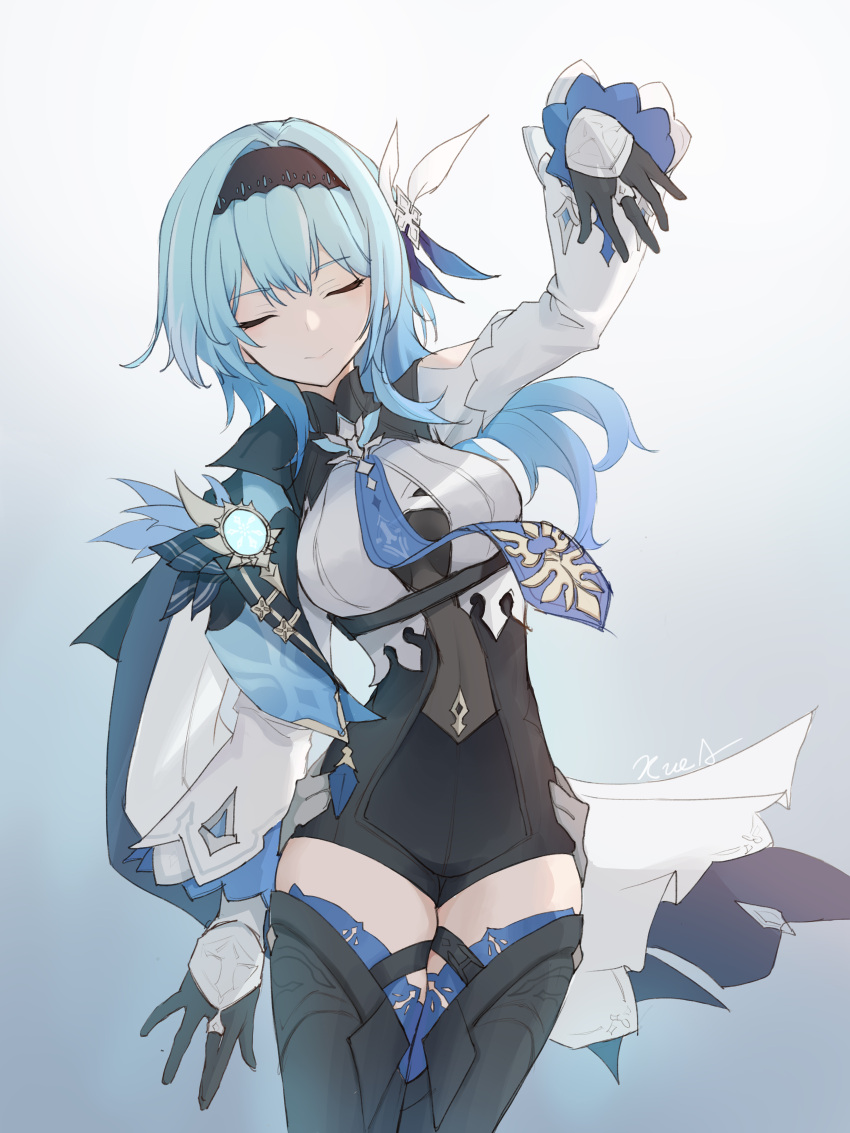 Safebooru - 1girl absurdres black hairband black thighhighs blue cape blue hair blue necktie ...