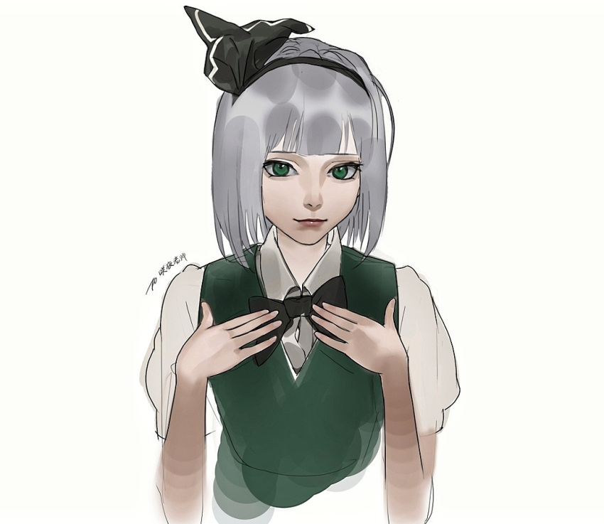 Safebooru - 1girl black bow black bowtie blunt bangs bob cut bow bowtie cropped torso green eyes ...