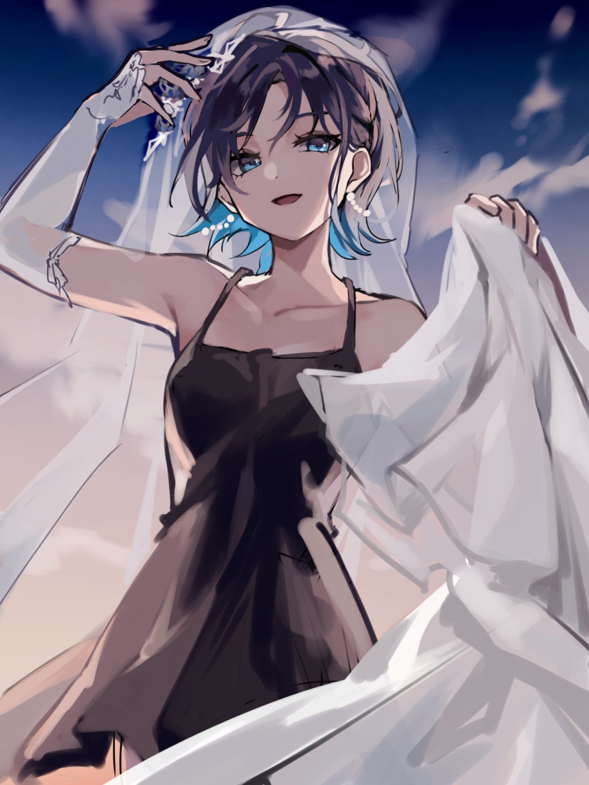 Safebooru - 1girl asakura toru bare shoulders black dress blue eyes blue hair bridal veil brown ...