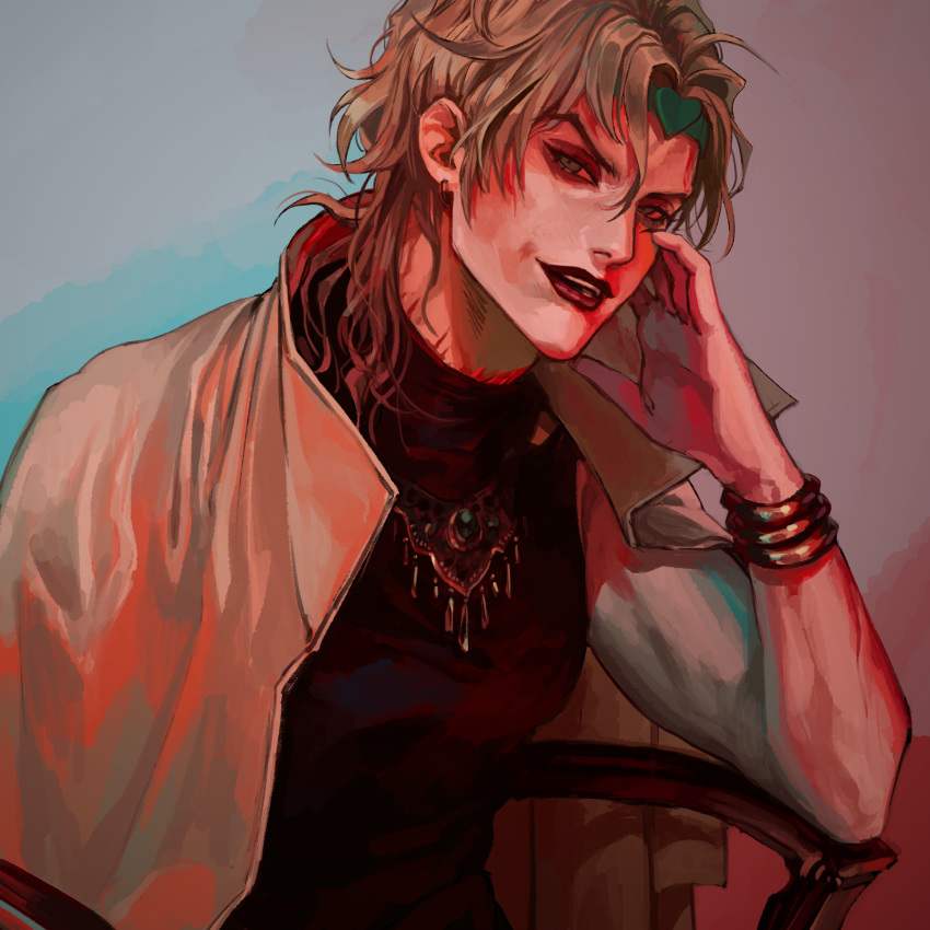 Safebooru - 1boy :d black shirt blonde hair chair dio brando earrings evil grin evil smile green ...