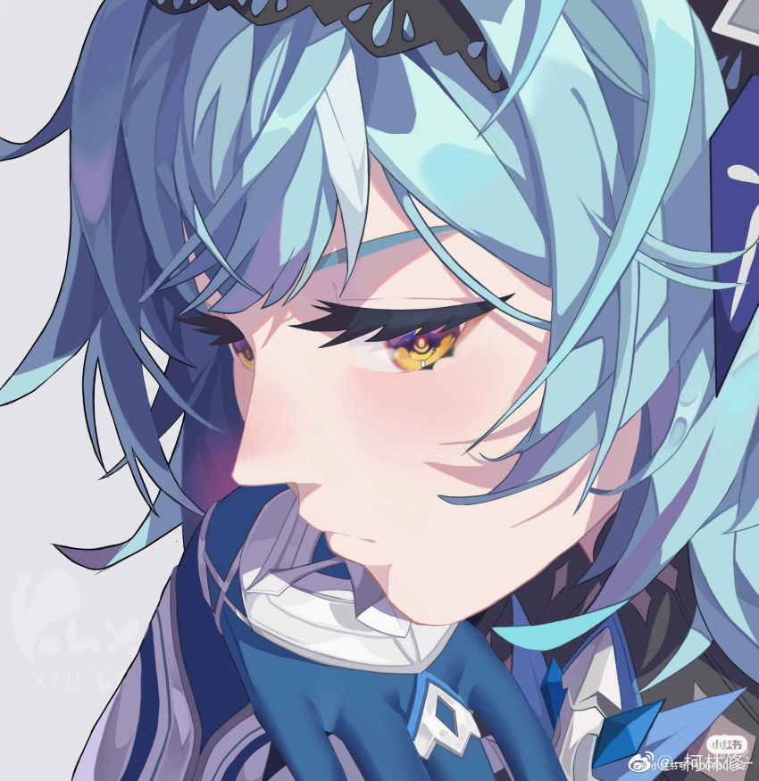 Safebooru - absurdres black hairband blue gloves blue hair blush close ...