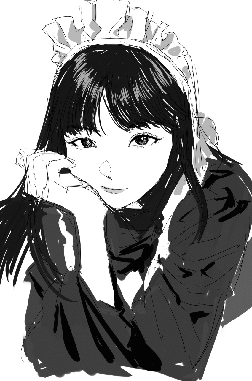 Safebooru - 1girl absurdres cheek press cheek rest cropped torso elbow rest greyscale highres ...