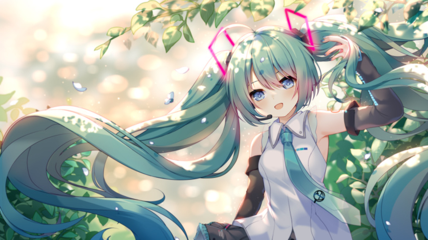 Safebooru - 1girl aqua hair arm up backlighting bare shoulders blue eyes detached sleeves dot ...