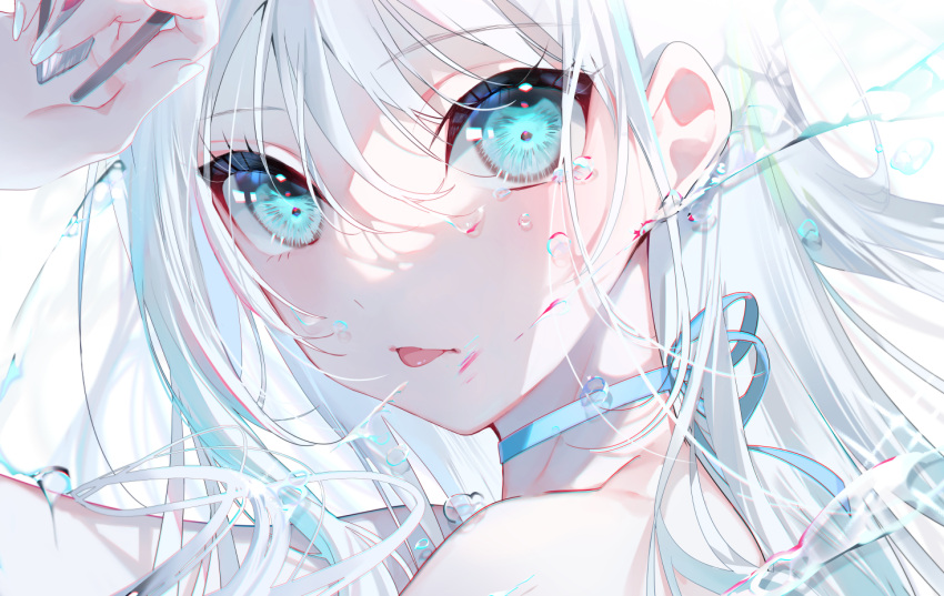 Safebooru - 1girl :p blue eyes blue ribbon close-up hair between eyes long hair looking at ...
