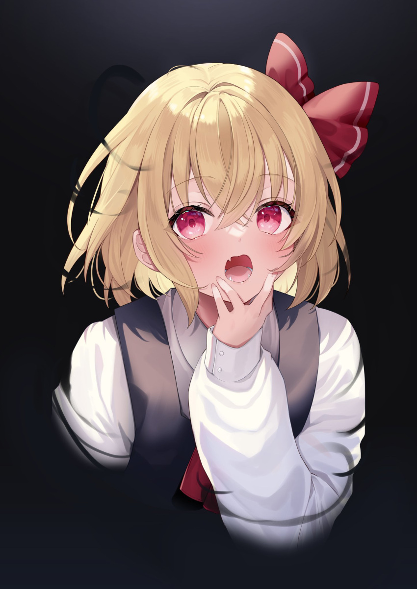 Safebooru - 1girl black vest blonde hair blush collared shirt darkness fang hair between eyes ...