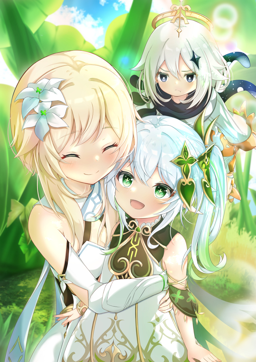 Safebooru - 3girls :d ^ ^ absurdres arm guards black eyes black scarf ...