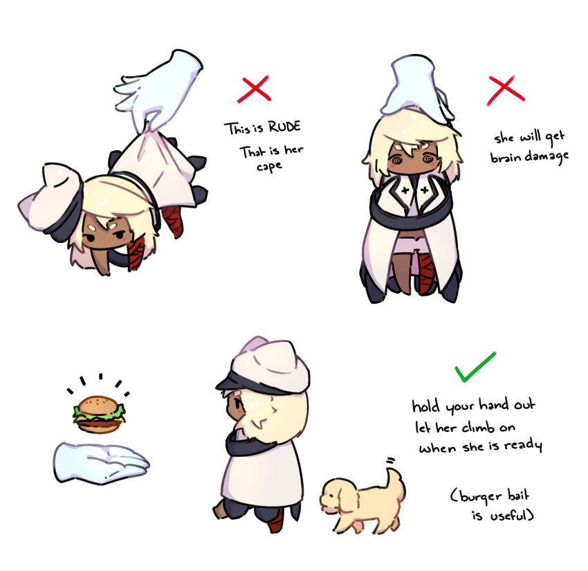 Safebooru - 1girl 1other @ @ animal bandaged arm bandaged leg bandages blonde hair burger cape ...