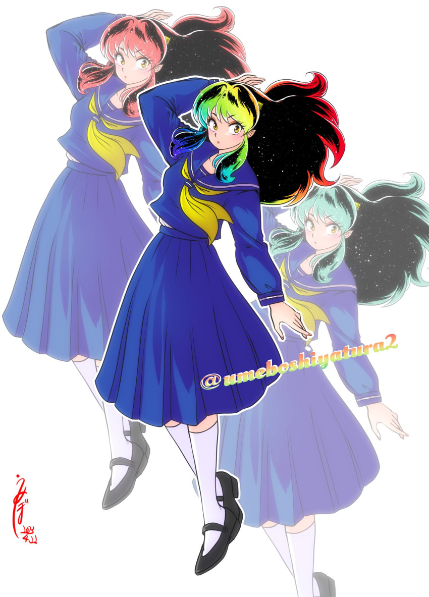 Safebooru - blue serafuku gradient hair green hair highres horns ...