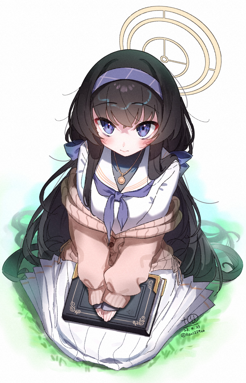 Safebooru - 1girl black hair blue archive blush book breasts cardigan hairband halo highres ...