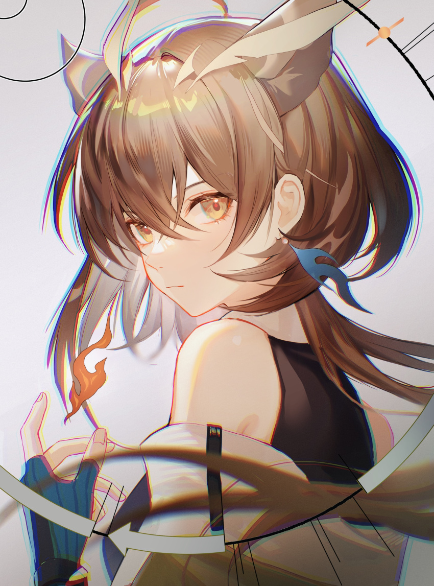 Safebooru - 1girl absurdres arknights bare shoulders black shirt blurry brown eyes brown hair ...