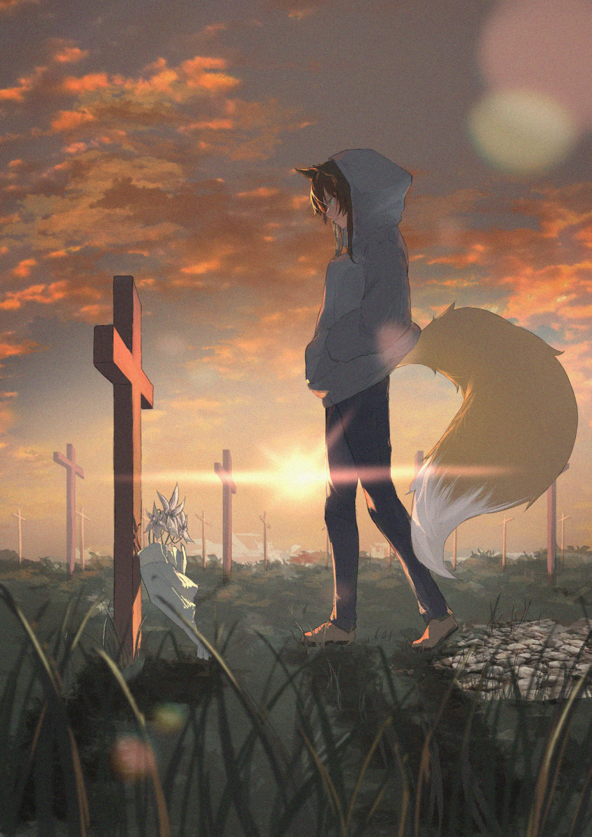 Safebooru - 1girl absurdres animal ears brown hair clouds commentary ...