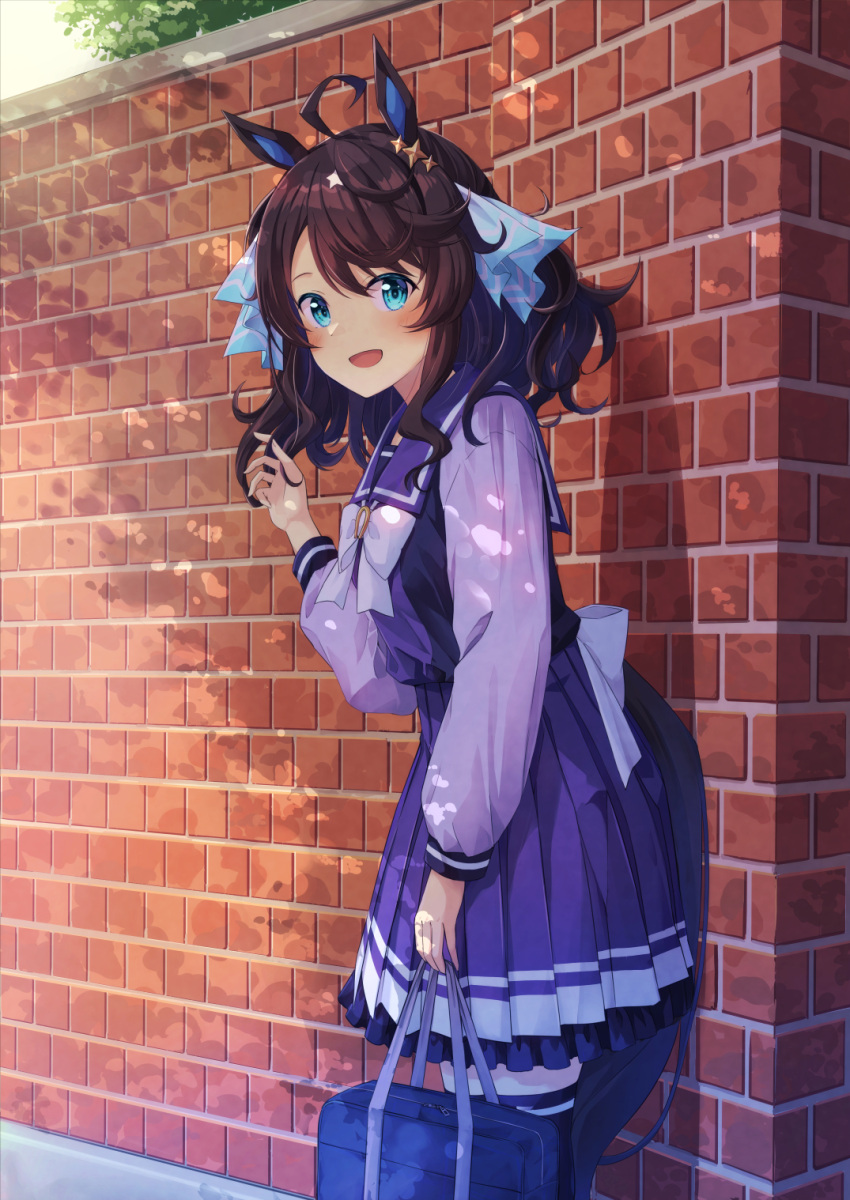 Safebooru - 1girl ahoge animal ears bag blue eyes blush breasts daring tact (umamusume) hair ...