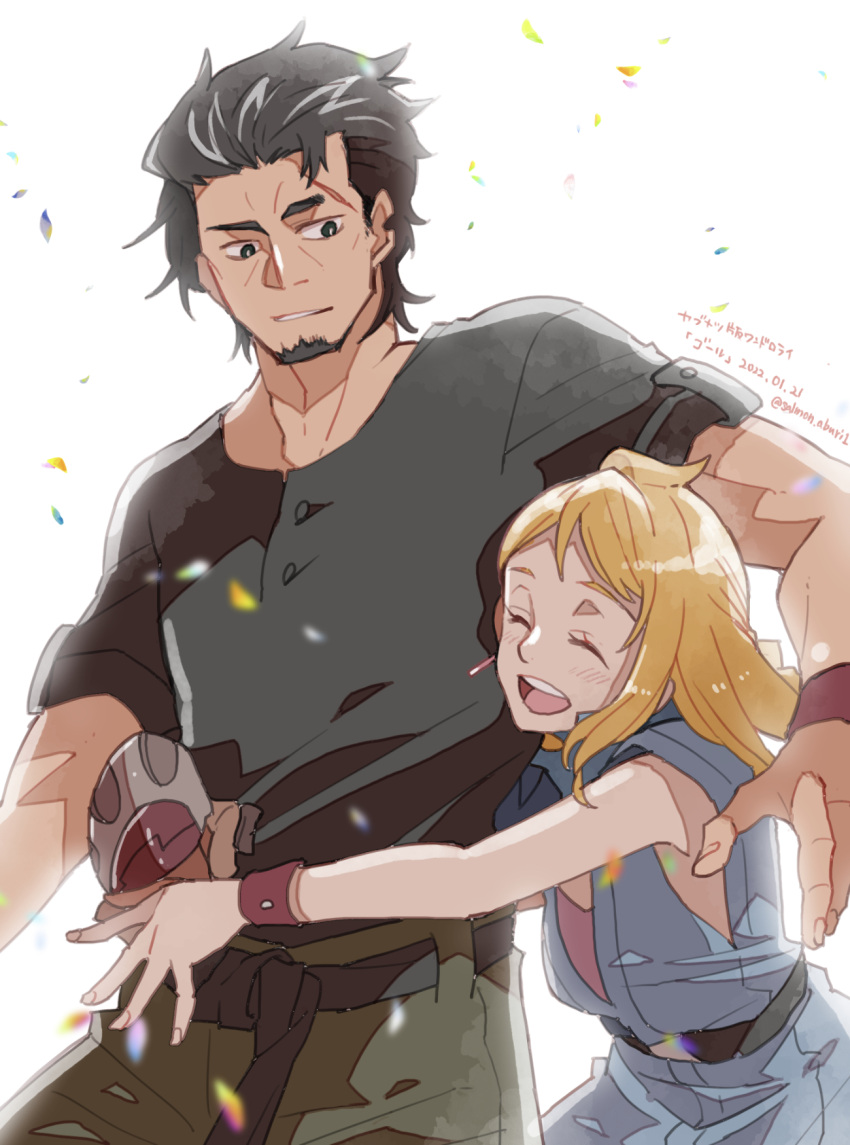 Safebooru - 1boy 1girl :d artist name black eyes black hair black shirt blonde hair blue dress ...