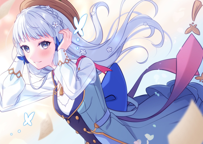 Safebooru - 1girl absurdres blue dress blue hair blush brown headwear dress flower genshin ...