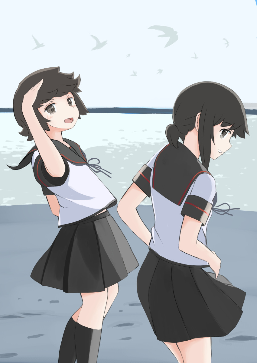 Safebooru - 2girls absurdres beach bird black eyes black hair black sailor collar black skirt ...