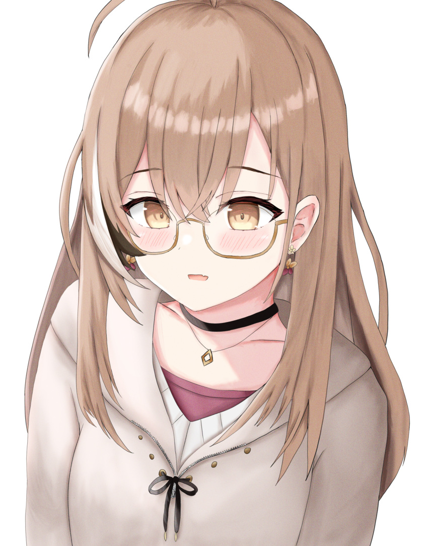 Safebooru - 1girl absurdres ahoge berry black choker brown eyes brown hair brown hoodie choker ...