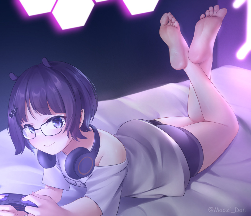 Safebooru - 1girl absurdres barefoot blue eyes blush controller feet feet up game controller ...