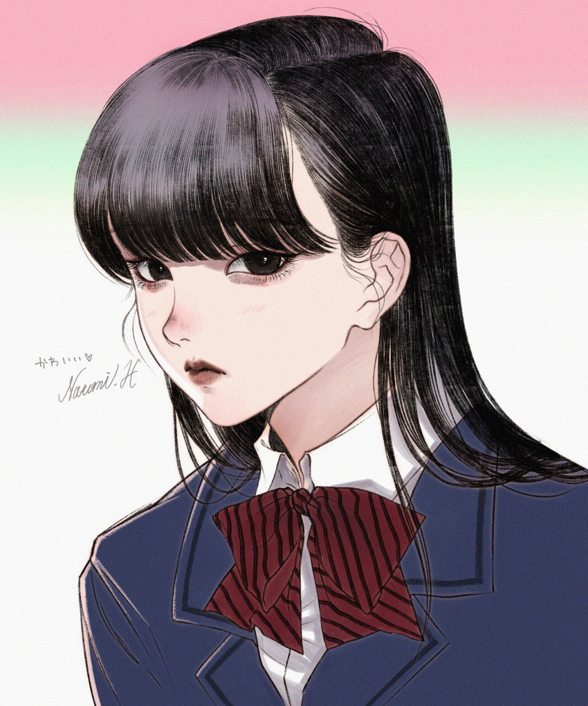 Safebooru - 1girl black eyes black hair blazer bow bowtie collared shirt diagonal stripes ...