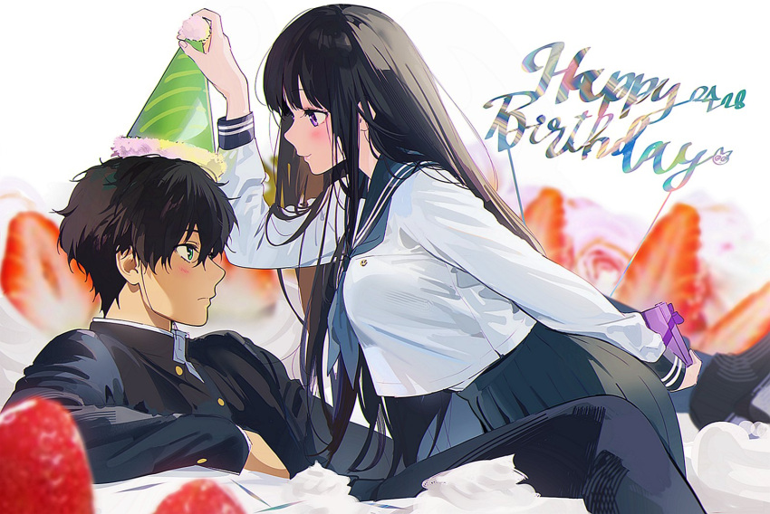 Safebooru - 1boy 1girl artist logo black hair black sailor collar breasts brown hair chitanda ...