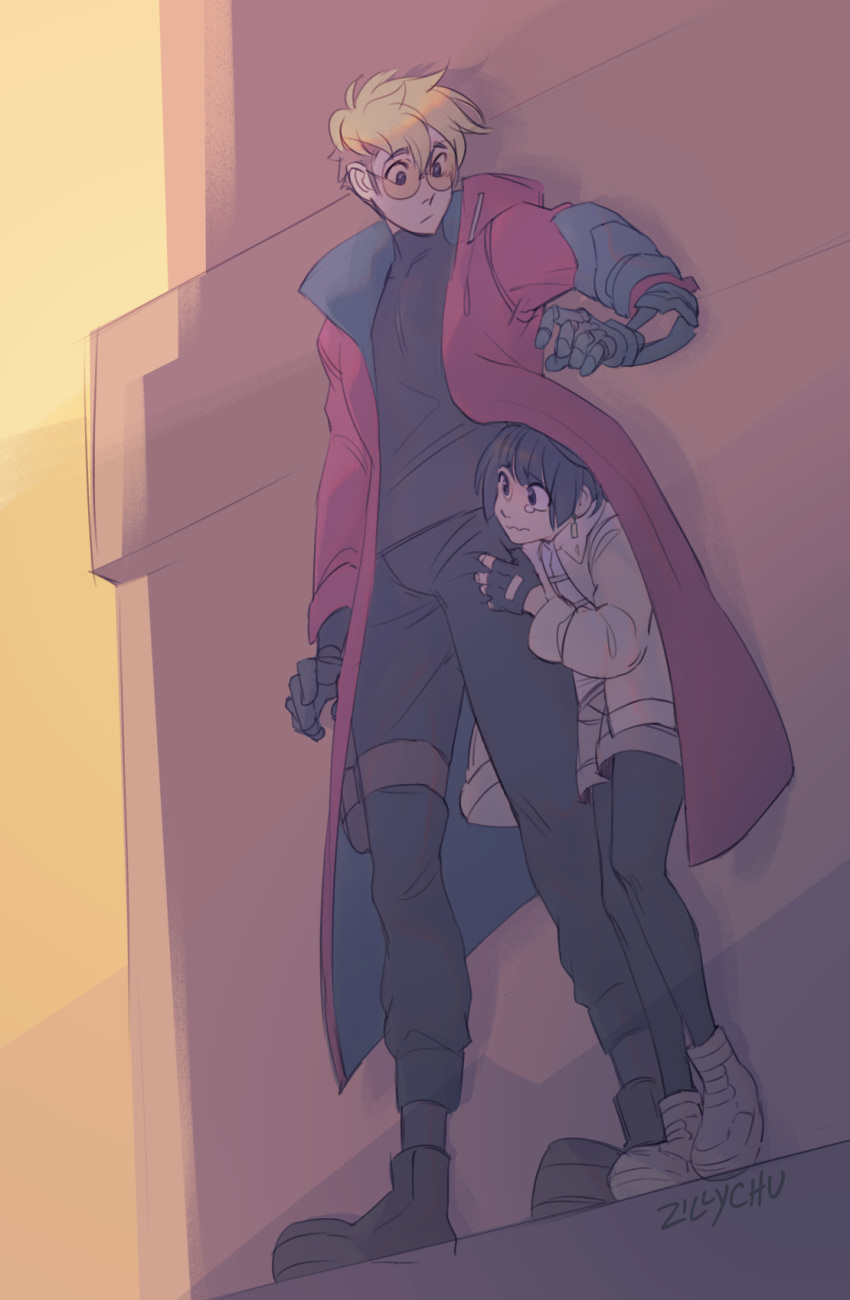 Safebooru - 1boy 1girl black gloves blonde hair coat earrings fingerless gloves gloves highres ...