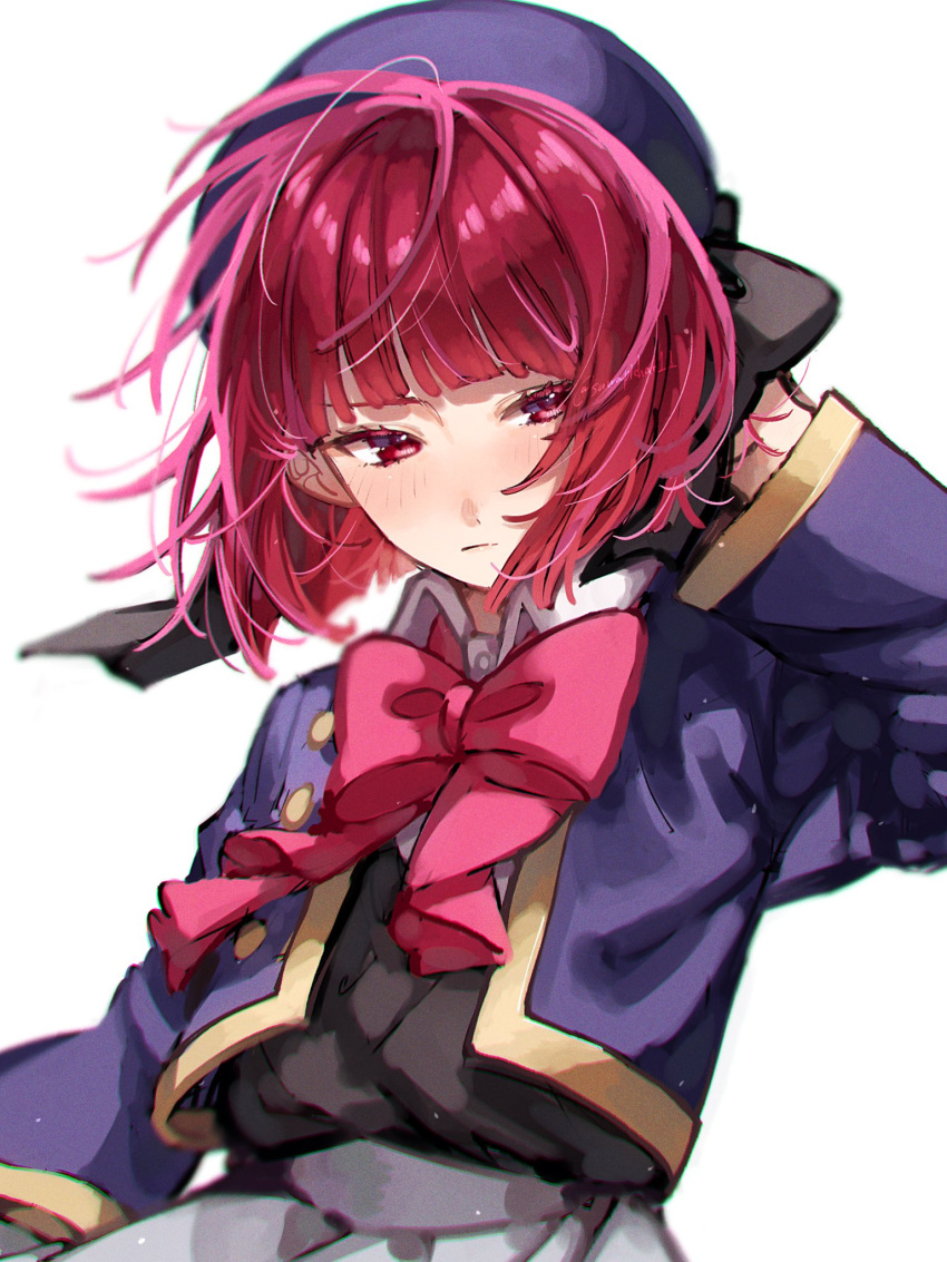 Safebooru - 1girl arima kana arm up artist name beret black ribbon black vest blunt bangs blush ...