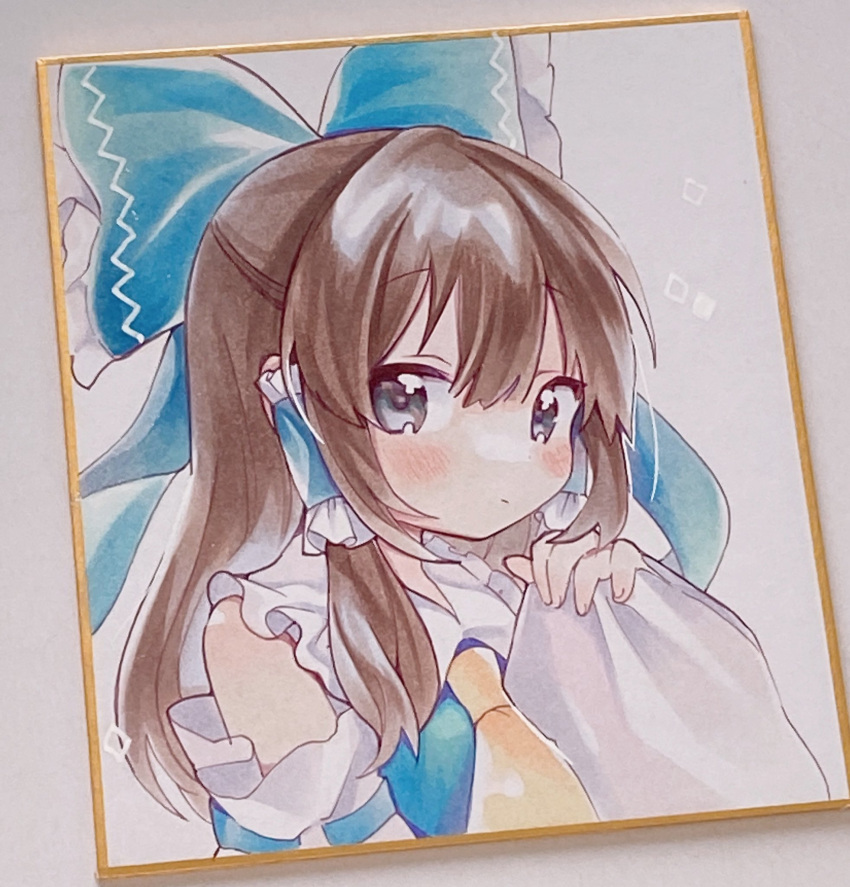 Safebooru - 1girl alternate color ascot blue bow bow brown hair closed mouth grey eyes hair bow ...