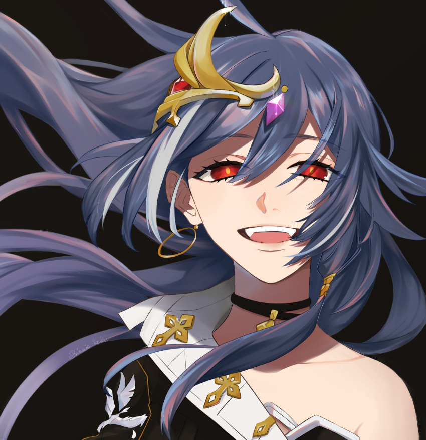 Safebooru - 1girl :d absurdres black background black choker black hair ...