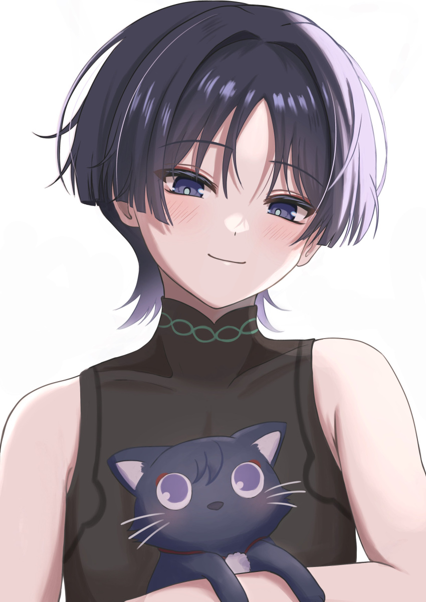 Safebooru - 1boy absurdres black hair black shirt blue eyes blush cat closed mouth genshin ...
