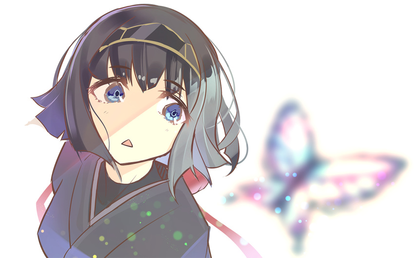 Safebooru - 1girl black hair black kimono blue eyes blunt bangs blurry blurry foreground bug ...