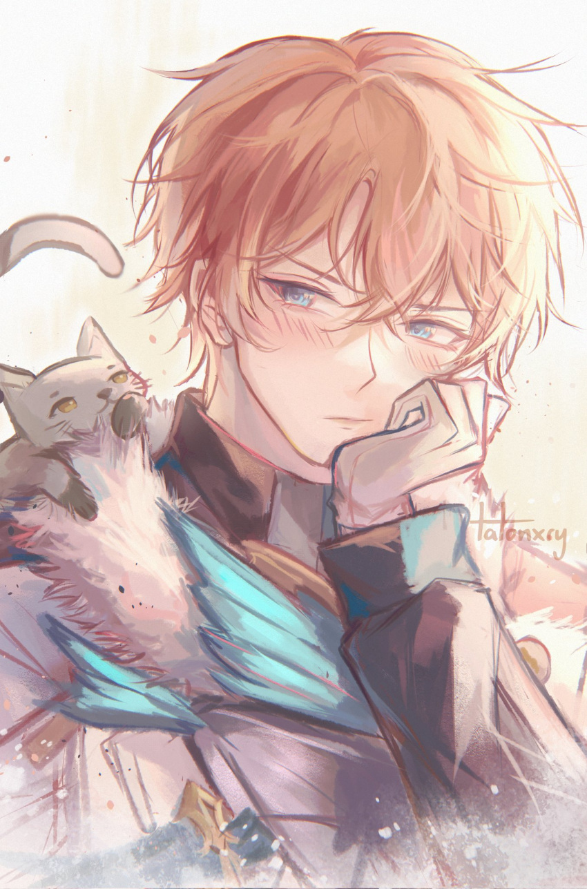 Safebooru - 2boys animal on shoulder animalization artist name black jacket blonde hair blue ...