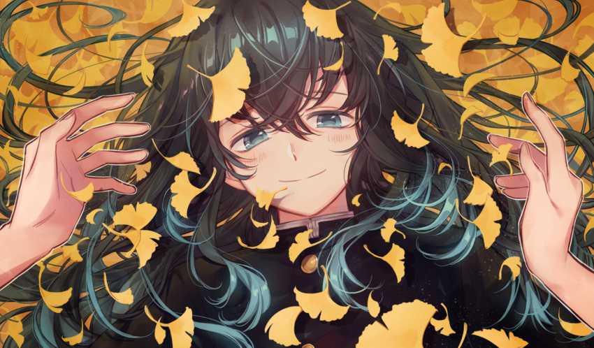 Safebooru - 1boy androgynous aqua eyes aqua hair black hair blush demon slayer uniform ginkgo ...